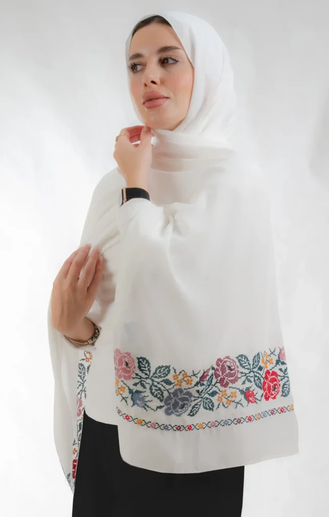 Joury Cream Rose Petals Tatreez Shawl - Falahi House