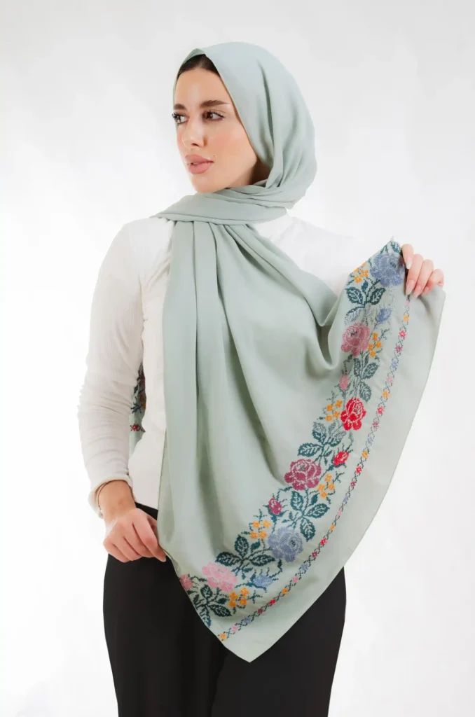 Joury Mint Rose Petals Tatreez Shawl - Falahi House