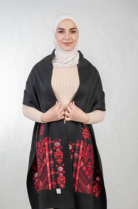 Black Nabati Red Mix Embroidered Shoulder Shawl - Falahi House